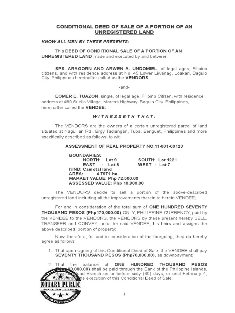 Conditional Deed of Sale of A Portion of An Unregistered Land | Download Free PDF | Deed | Taxes