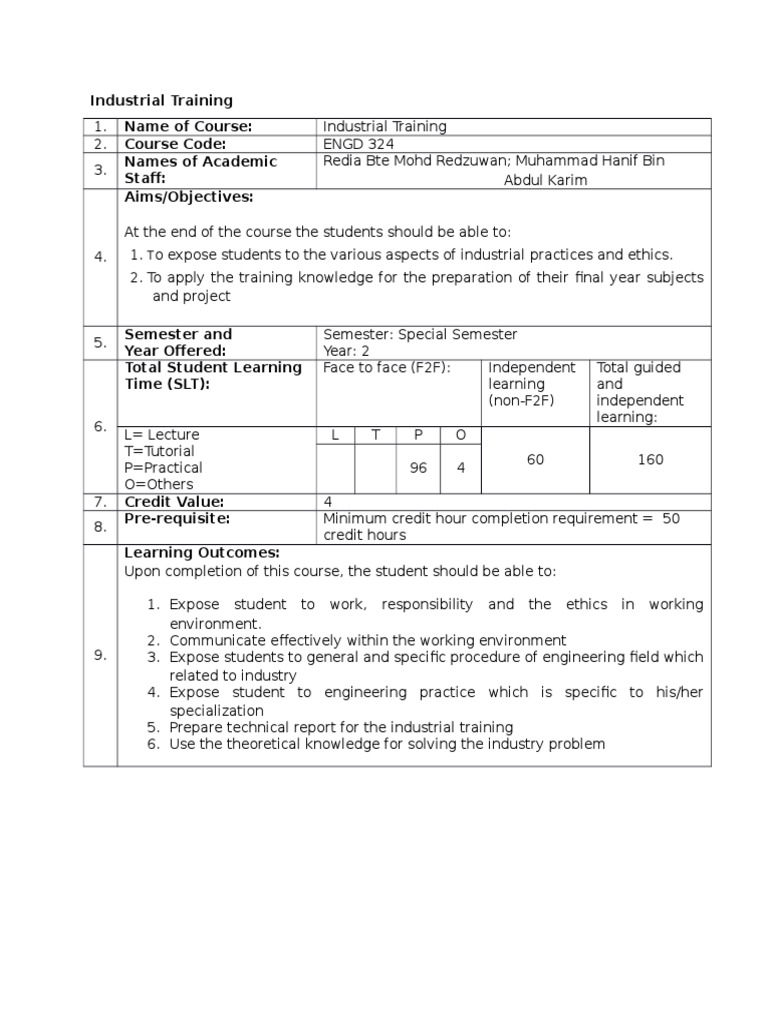 Industrial Training Course Outline | PDF | Course Credit | Educational ...