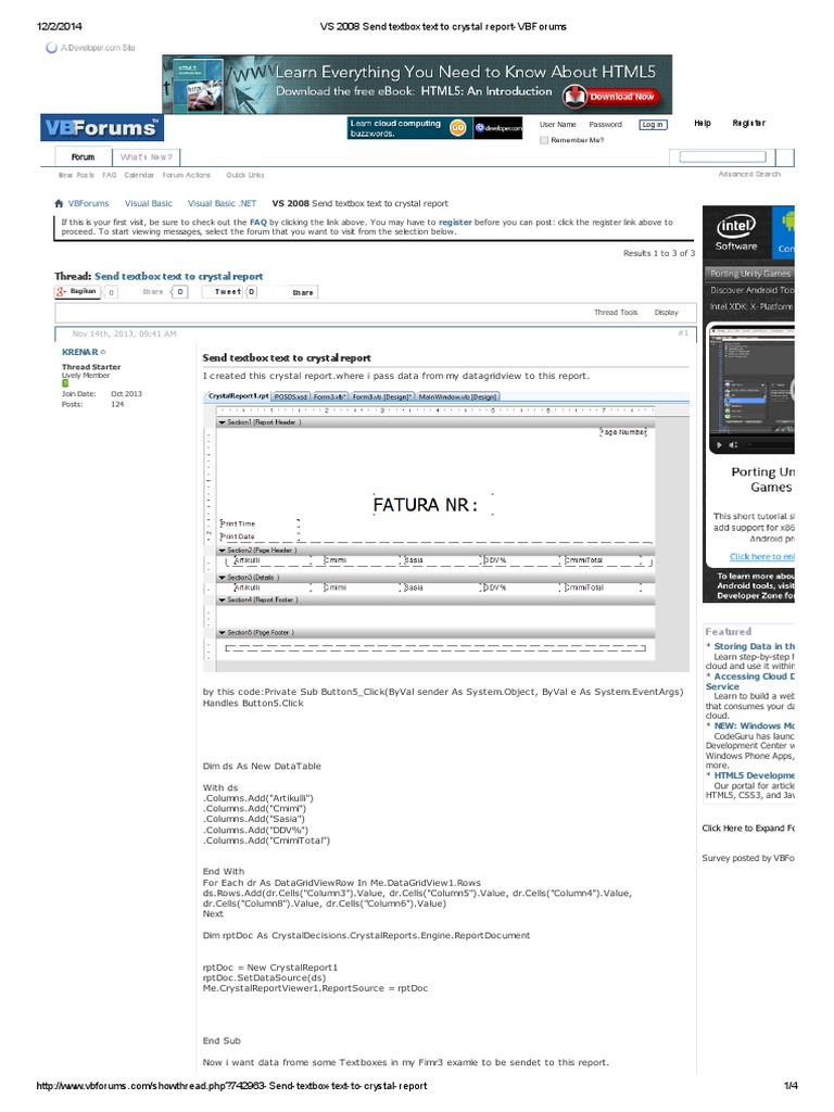 Vs 2008 Send Textbox Text To Crystal Report-VBForums | PDF | Visual Basic .Net | Internet Forum