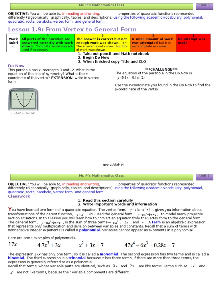 Alg 1 - Lesson 1.9 - Unit 5 | PDF | Quadratic Equation | Polynomial