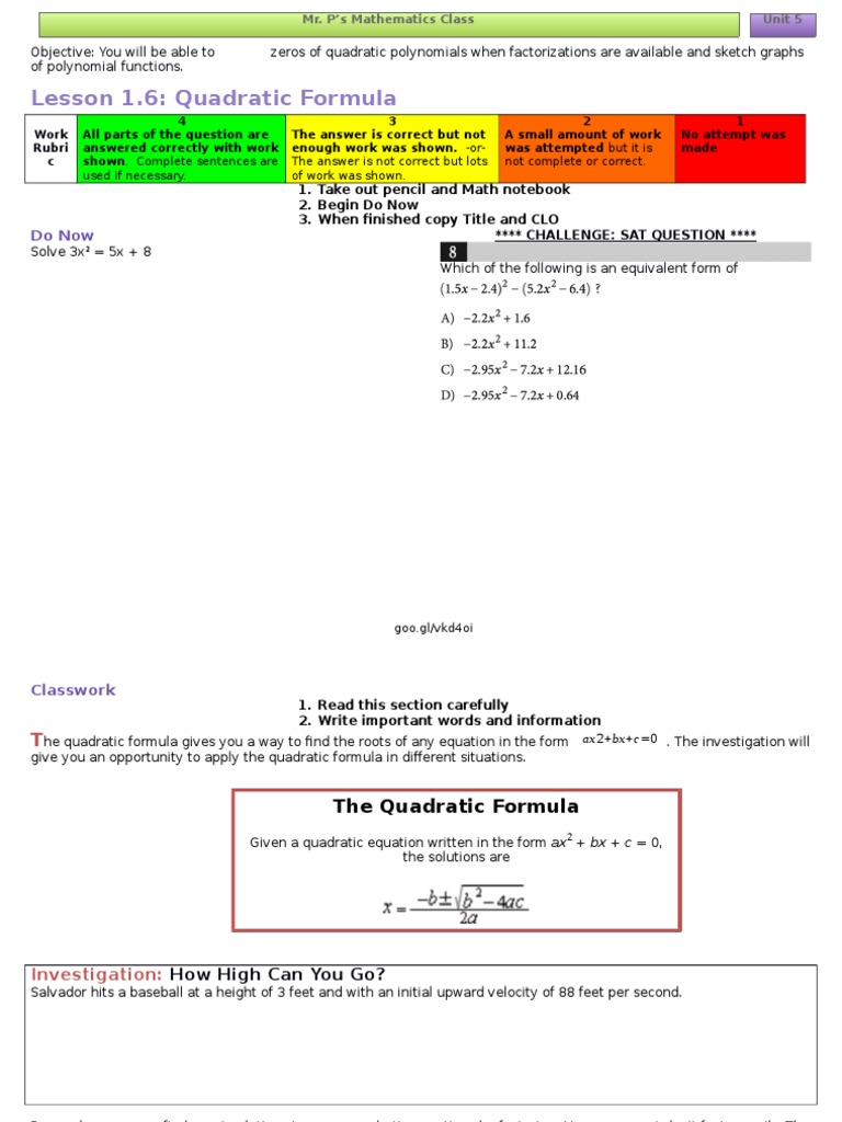 Alg 2 - Lesson 1.6 - Unit 5 | PDF | Quadratic Equation | Equations