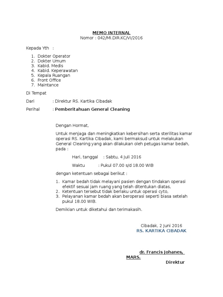 Memo Internal General Cleaning | PDF