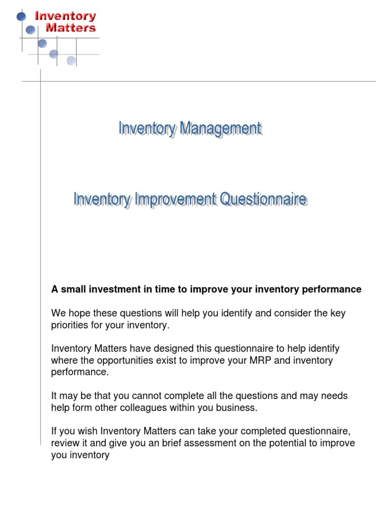 Inventory Improvement Questionnaire | Inventory | Business Process