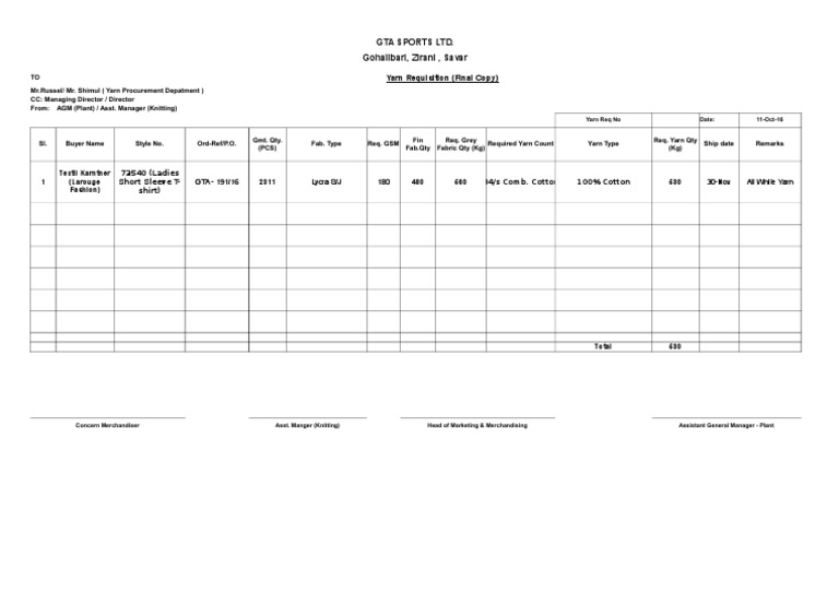 Yarn Requisition for GTA Sports Ltd. | PDF