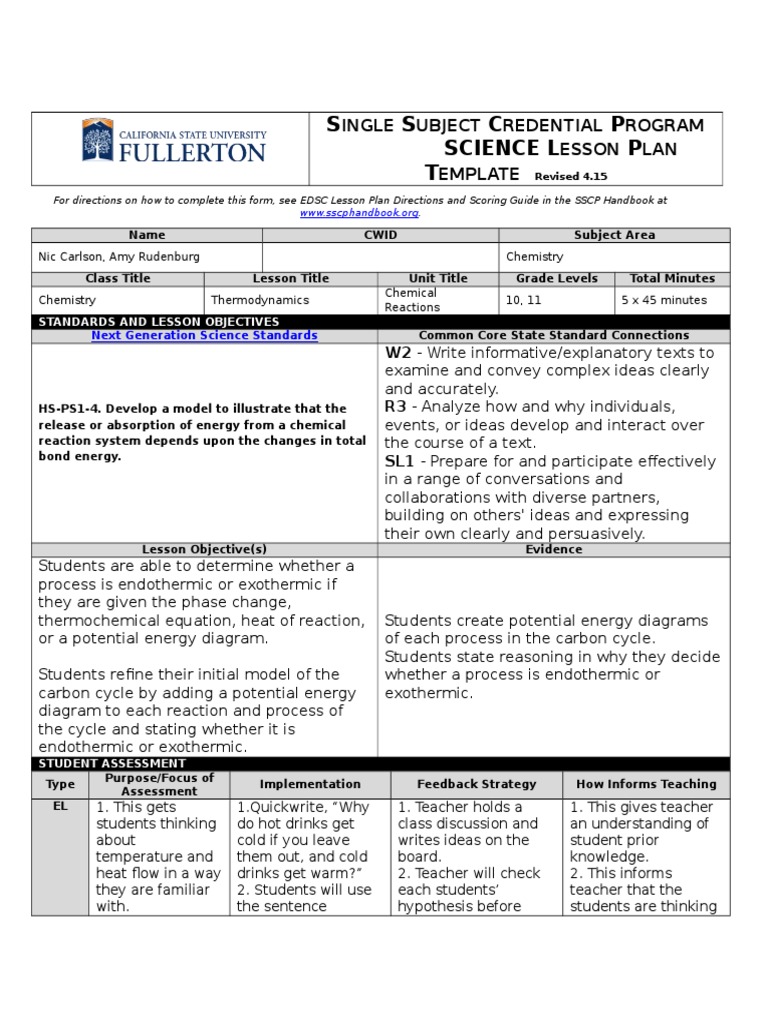 LessonPlan4 Thermodynamics | PDF | Lesson Plan | Chemical Reactions