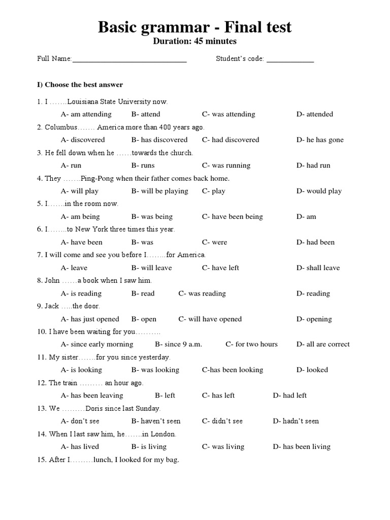 Basic Grammar - Final Test | PDF | Leisure