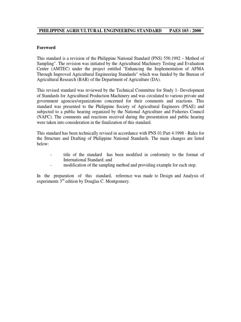 PAES 103-Methods of Sampling | PDF | Sampling (Statistics) | Specification (Technical Standard)