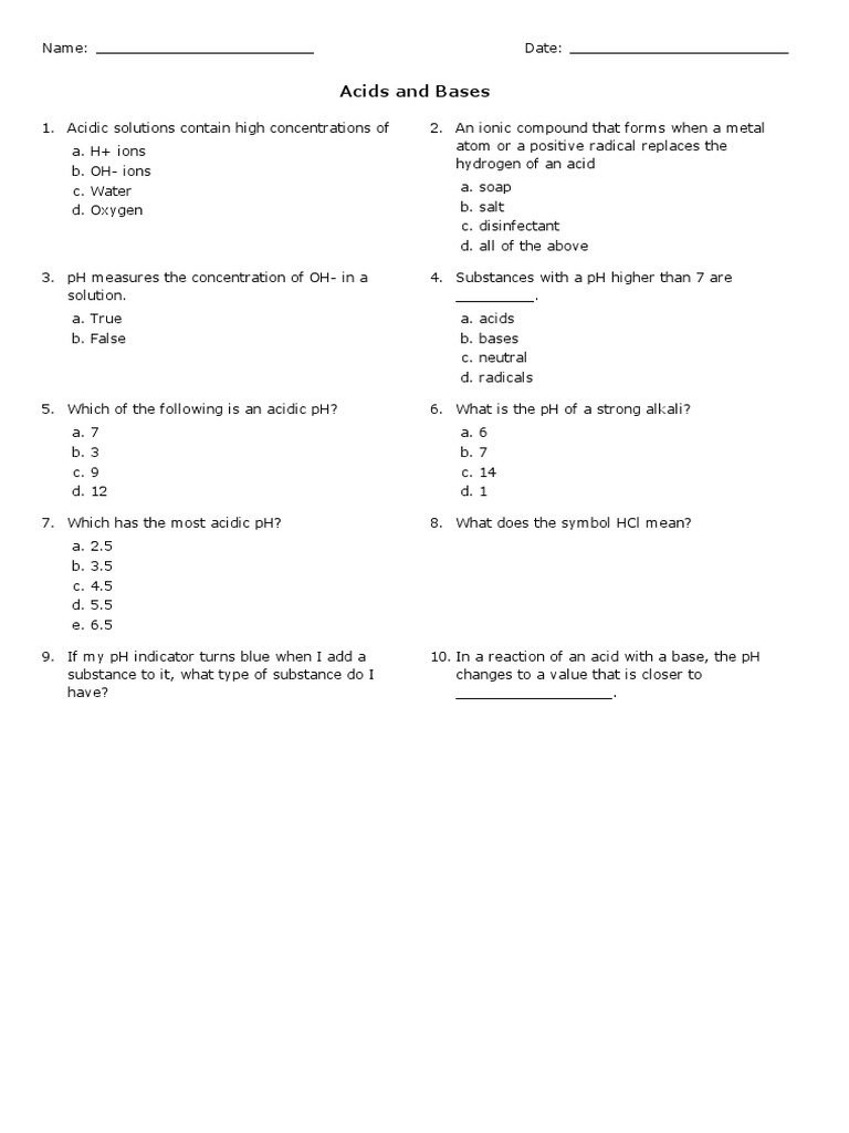 Grade 9 Acids and Bases Worksheet | PDF | Ph | Acid