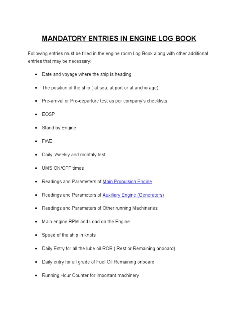 Mandatory Entries in Bridge & Engine Log Books | PDF | Ships | Watercraft