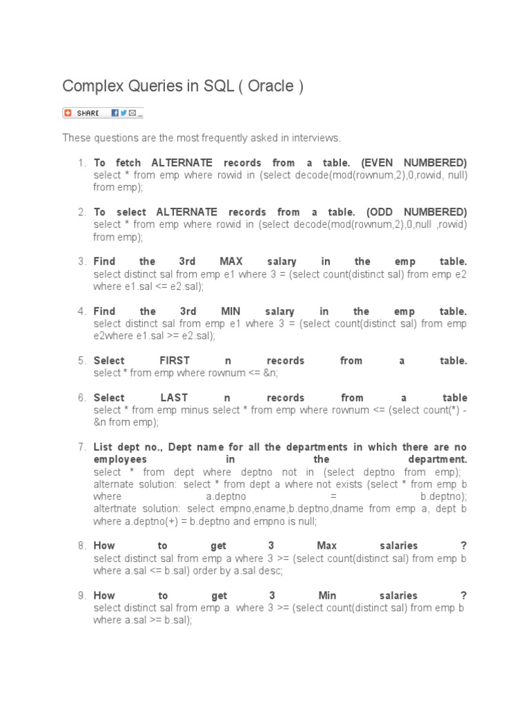 Complex Queries In Sql Oracle Pdf Sql Areas Of Computer Science