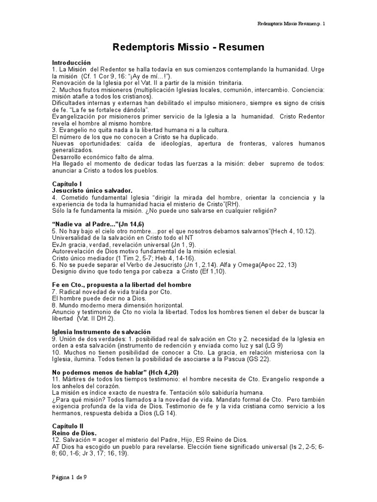 Redemptoris Missio Resumen | PDF | Misionero | Iglesia Católica