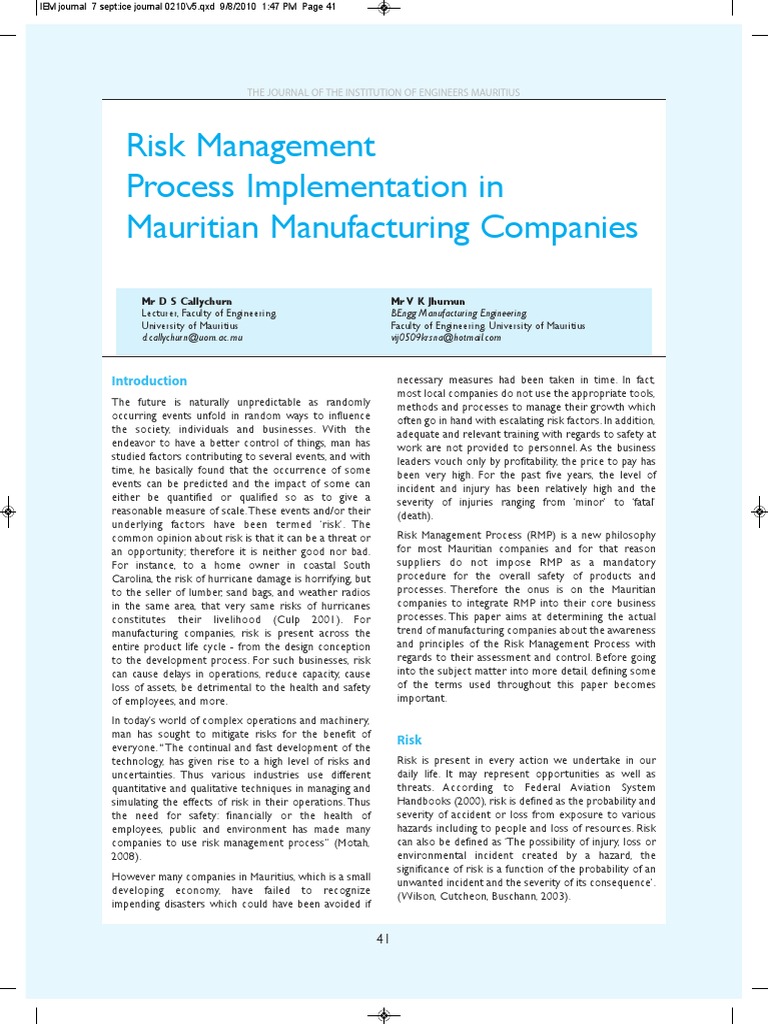 Risk Management Process Implementation in Mauritian Manufacturing ...