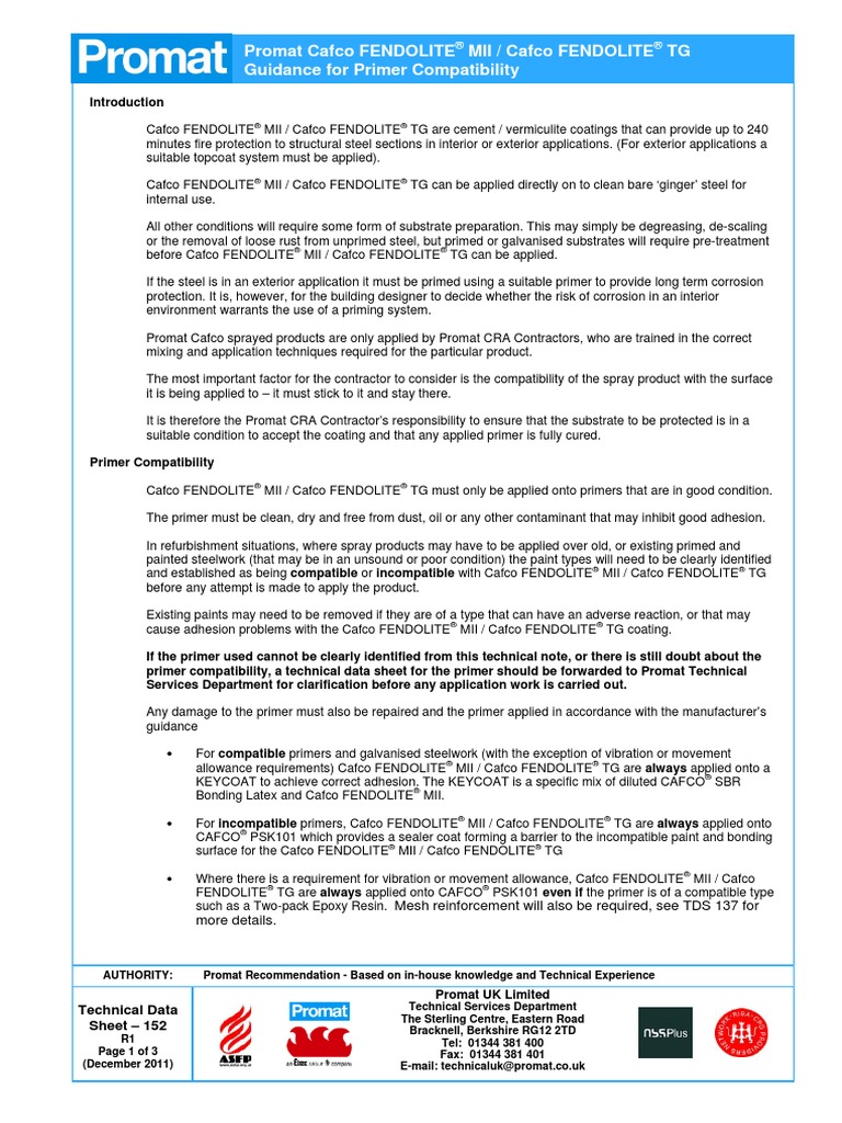 PromatUK - TDS152 - Cafco - FENDOLITE® - MII - Primer - Compatibility ...
