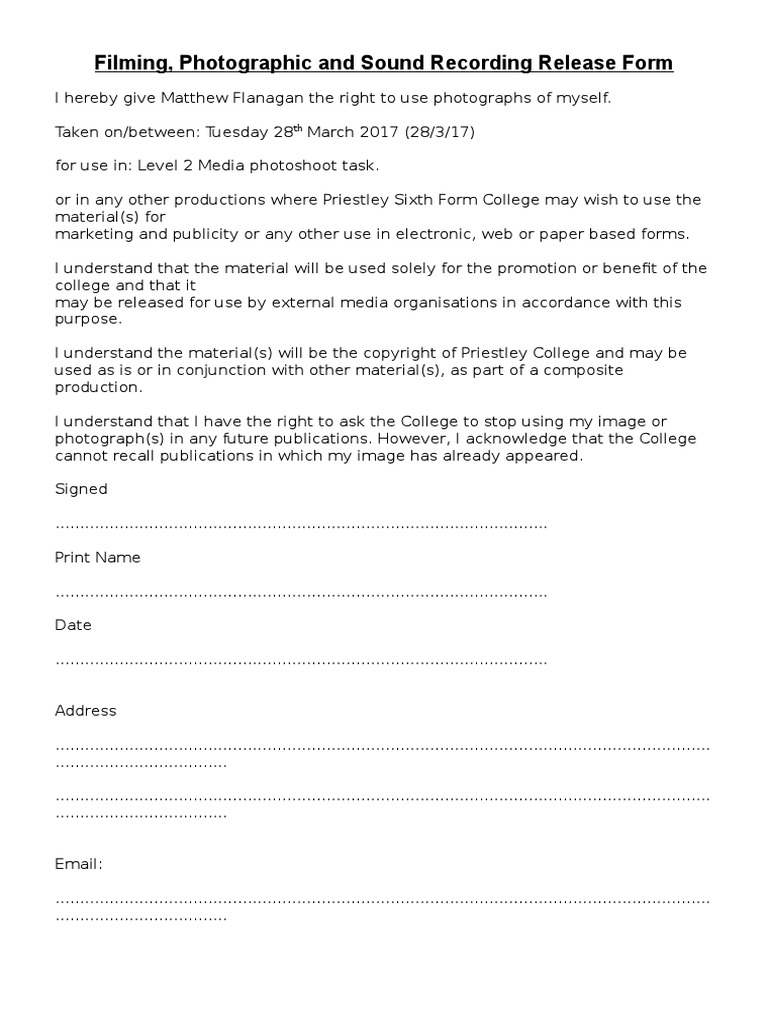 Filming, Photographic and Sound Recording Release Form | PDF