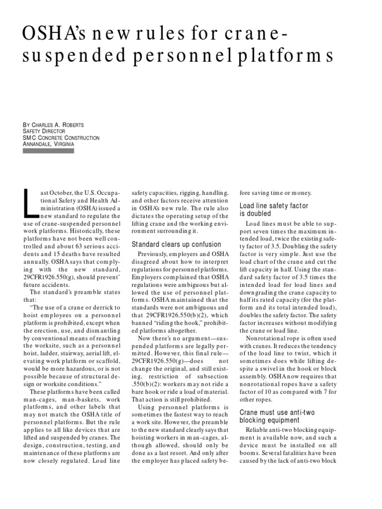 OSHA's New Rules For Crane-Suspended Personnel Platforms | PDF | Crane ...