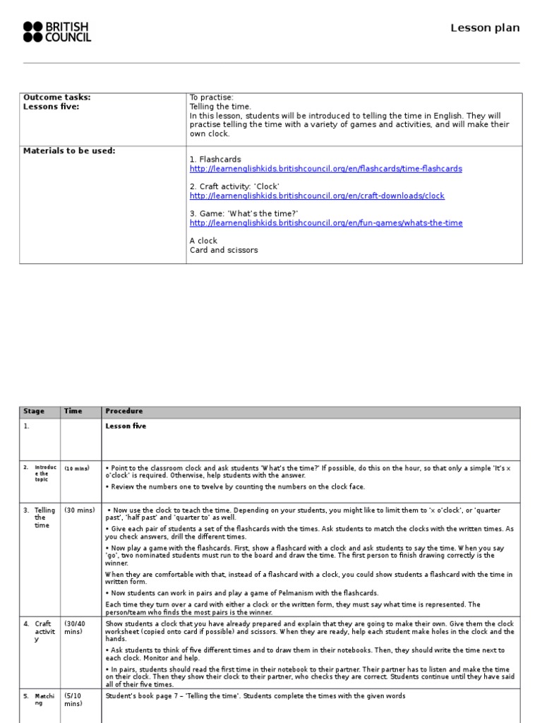 Lesson Plan: Outcome Tasks: Lessons Five | PDF | Flashcard | Teaching ...