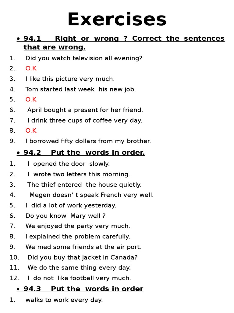 Exercises: 94.1 Right or Wrong ? Correct The Sentences That Are Wrong | PDF