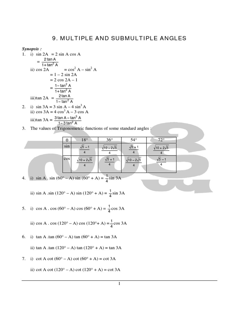 Multiple and Submultiple Angles: Synopsis | PDF