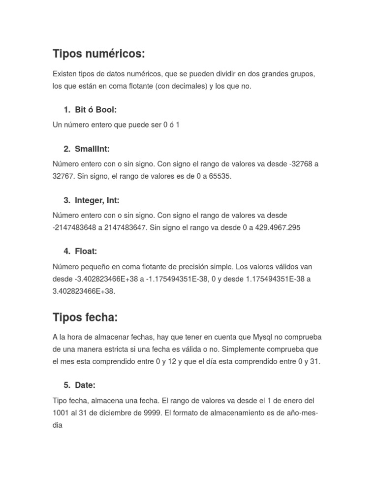 Tipos Datos Mysql | PDF | Cadena (informática) | Datos de computadora