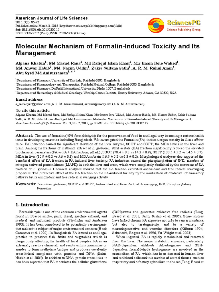 Molecular Mechanism of Formalin-Induced Toxicity and Its Management ...