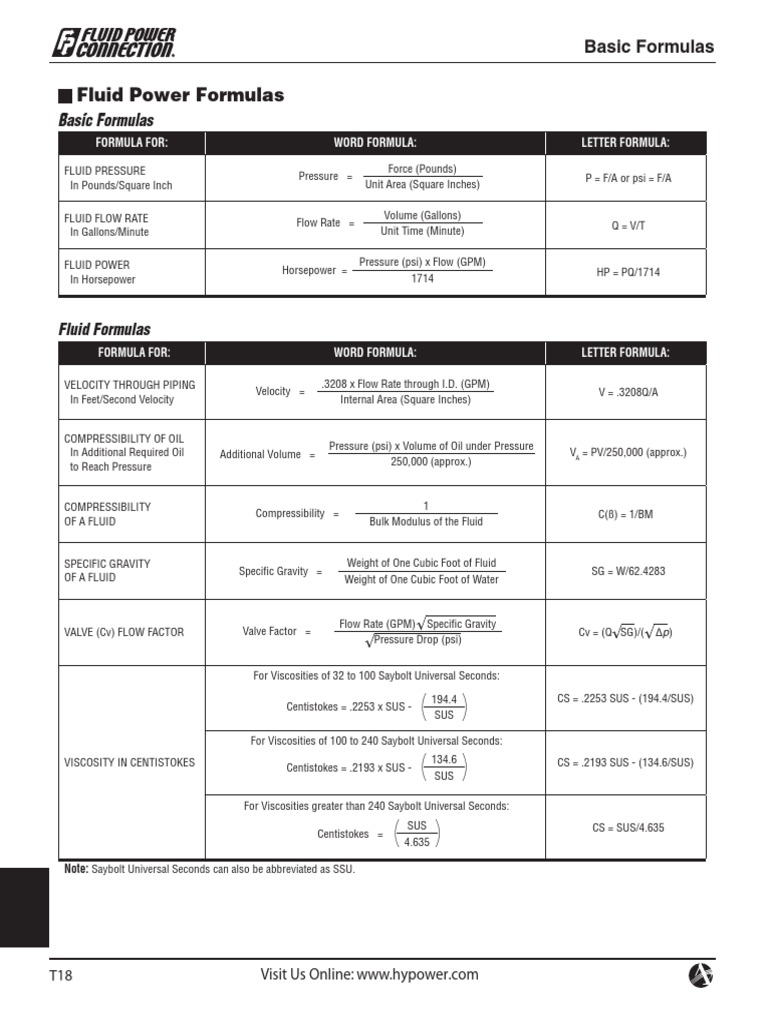 Fluid Power Formulas | PDF