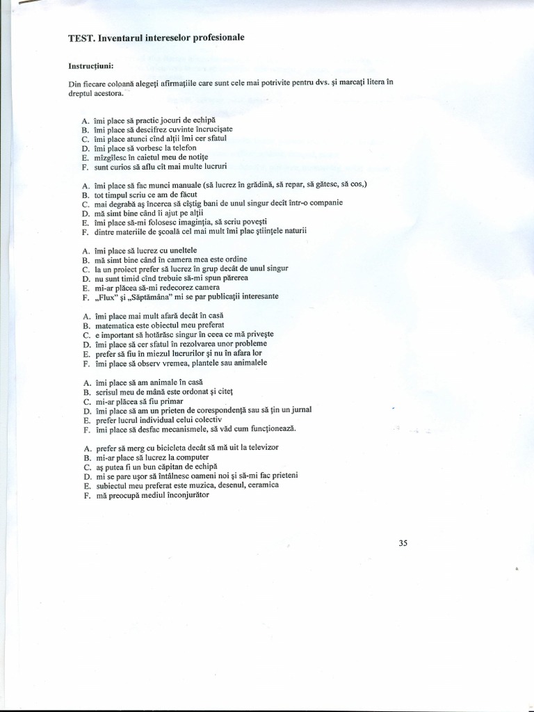 Test Inventarul Interese Profesionale PDF | PDF