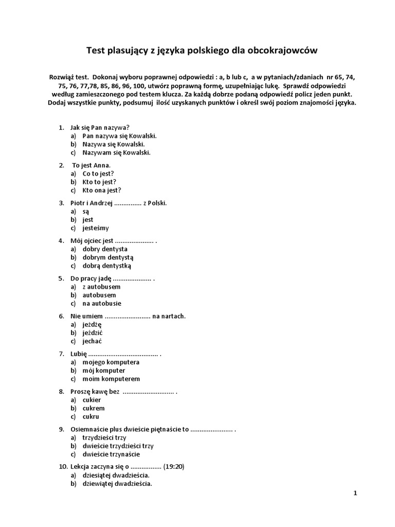 Polish Language Level Test | PDF