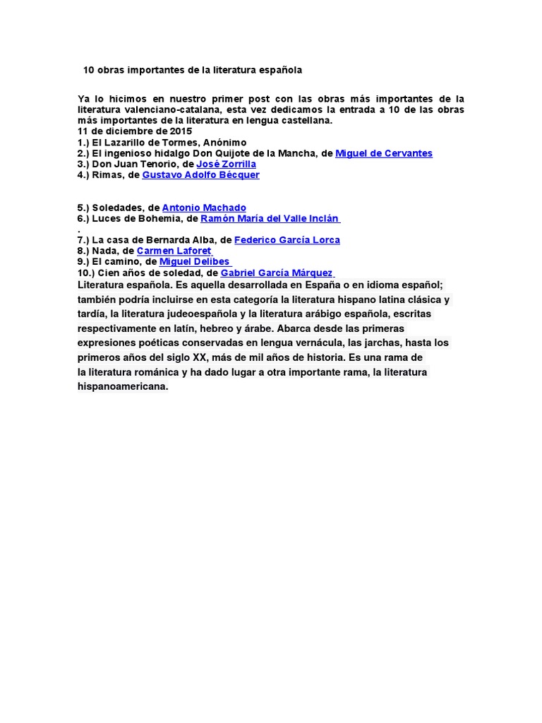 10 Obras Clave de la Literatura Española | PDF | Historia | Clásicos