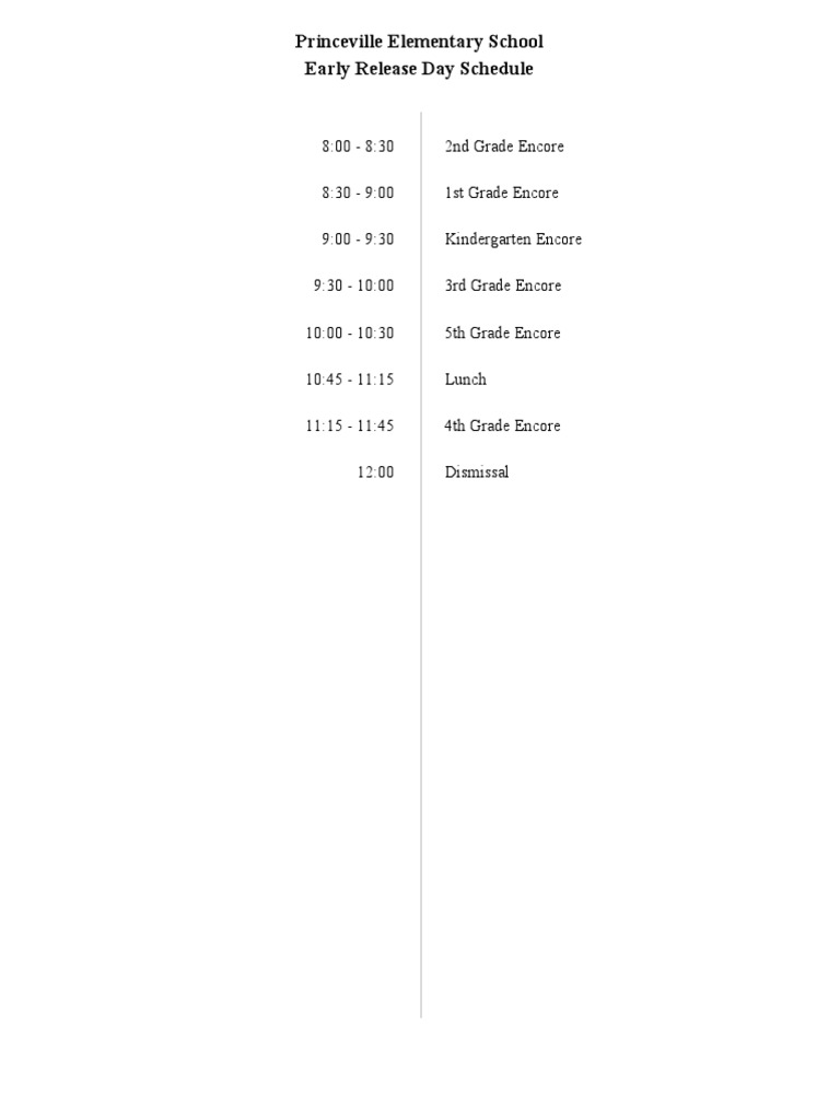 Princeville Elementary School Early Release Day Schedule | PDF