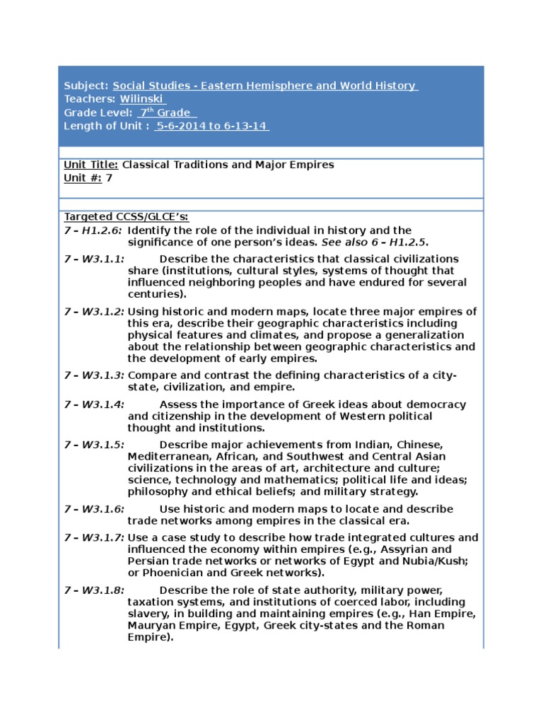 Unit Plan 7 - Classical Traditions and Early Empires | PDF | Ancient ...