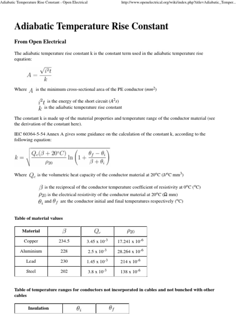 Adiabatic Temperature Rise Constant - Open Electrical | Electrical ...