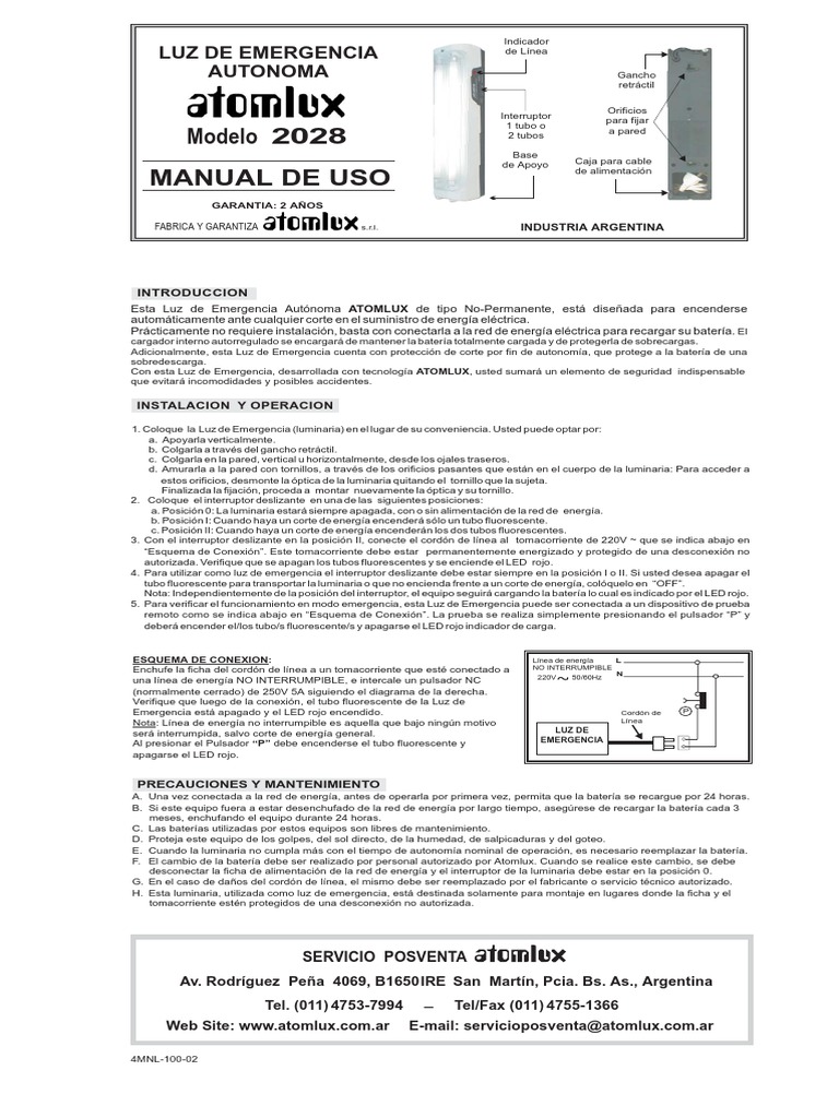 Manual Luz de Emergencia Fluorescente ATOMLUX Modelo 2028 | PDF ... Manual Luz de Emergencia Fluorescente ATOMLUX Modelo 2028 | PDF ...