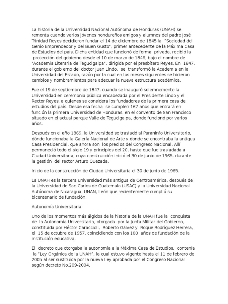 La Historia de La Universidad Nacional Autónoma de Honduras | PDF ...