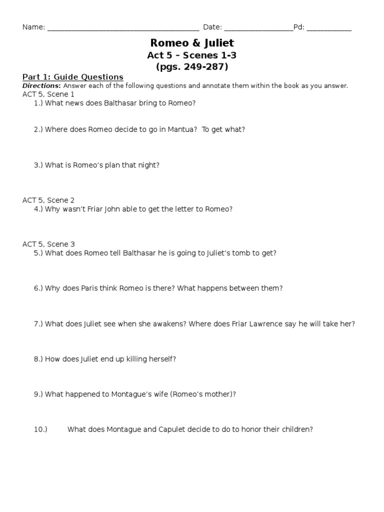 Romeo & Juliet: Act 5 - Scenes 1-3 (Pgs. 249-287) | PDF