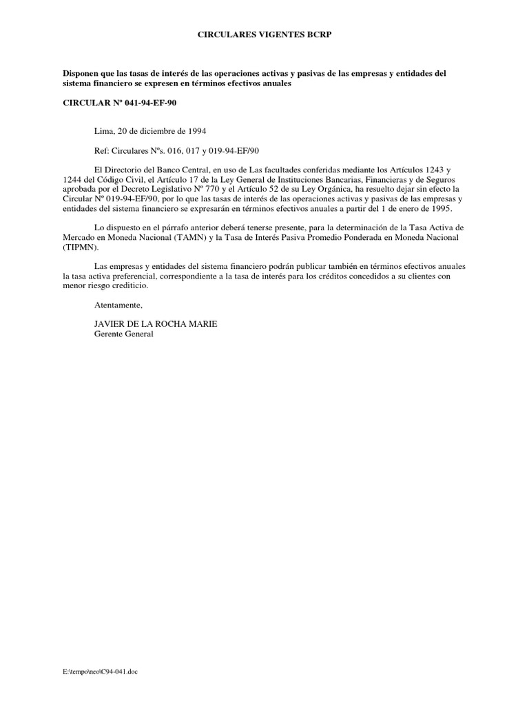 Circular 041 1994 BCRP PDF | PDF