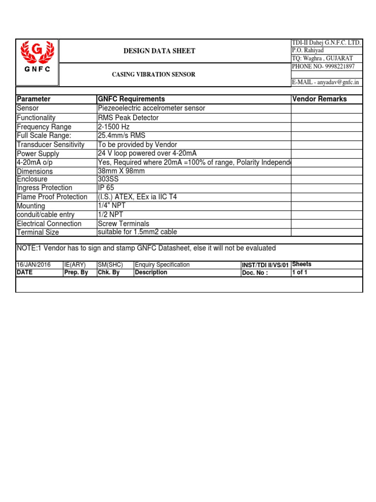 Casing Vibration Sensor Datasheet | PDF