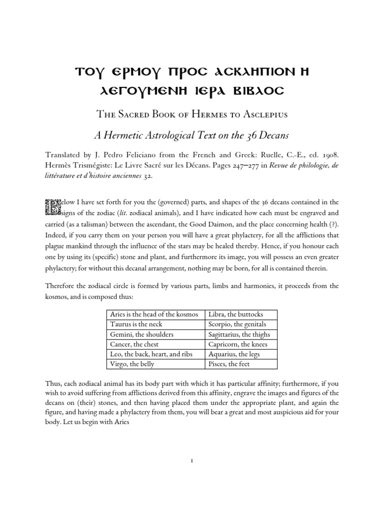 Hermes' Sacred Text on Zodiac Decans | PDF | Superstitions | Esoteric ...