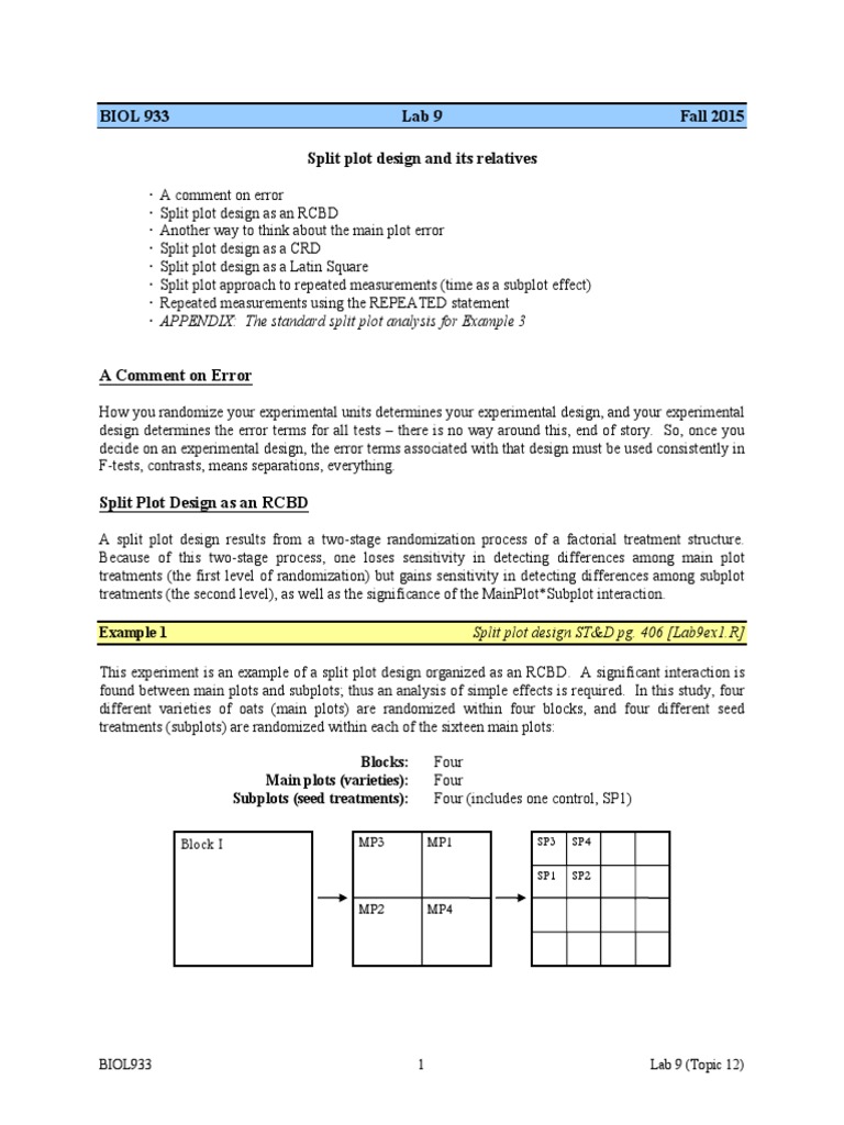 Lab9 Split Plot Design and Its Relatives | PDF | Analysis Of Variance | Errors And Residuals