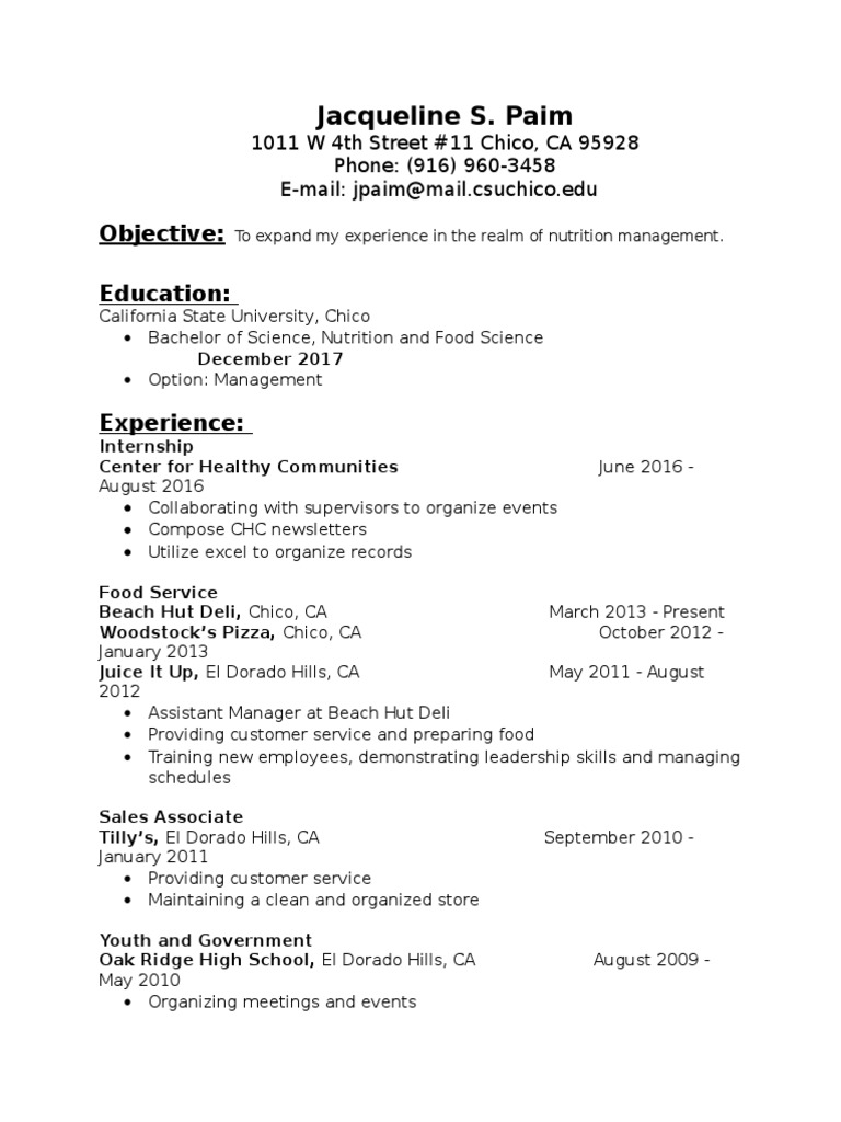 Nutrition Management Resume of Jacqueline Paim | PDF