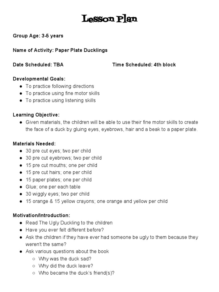 Paper Plate Ducklings Activity Plan | PDF