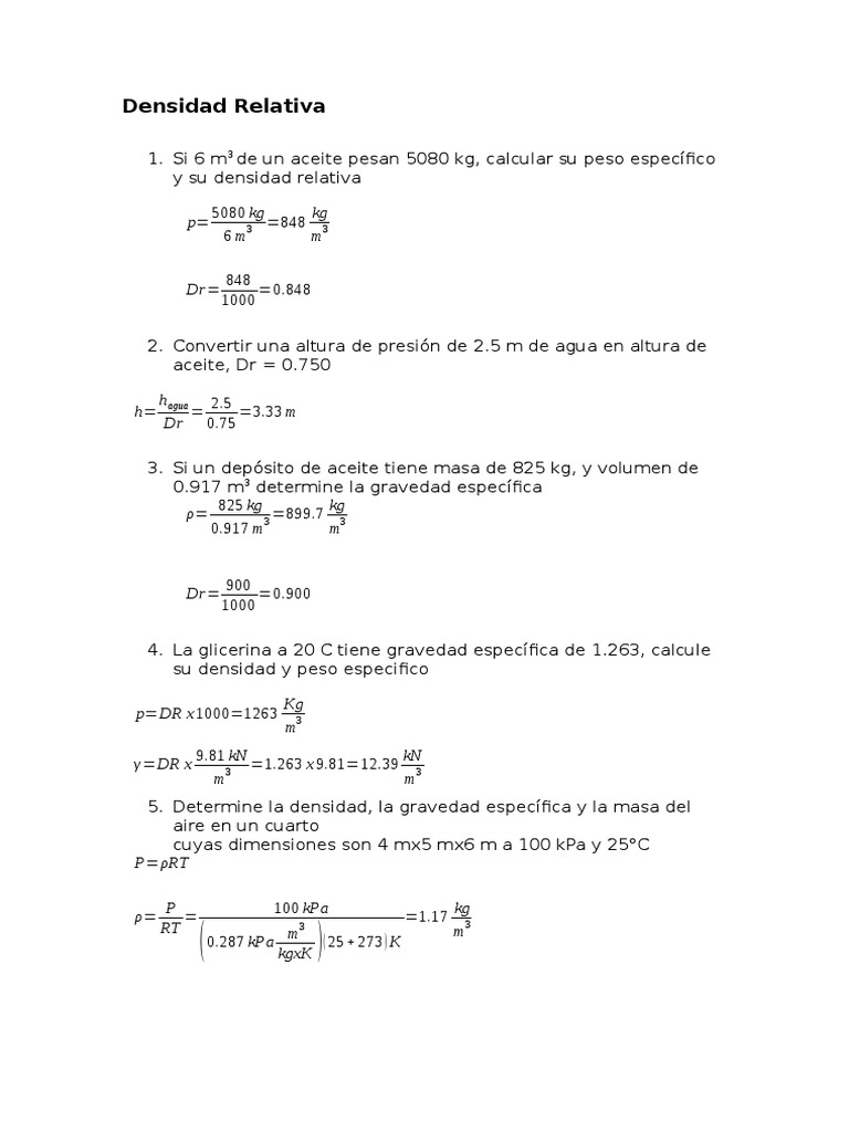 Ejercicios de Densidad Relativa Resueltos | PDF