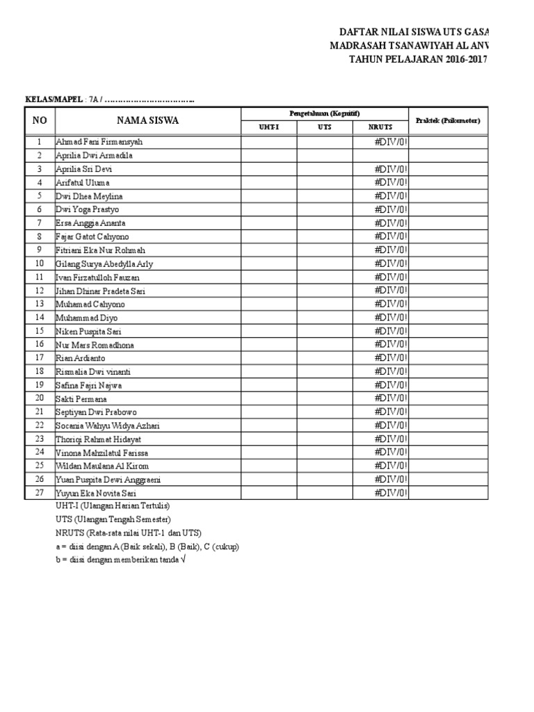 Form Rekap Nilai Uts 2016-2017 | PDF