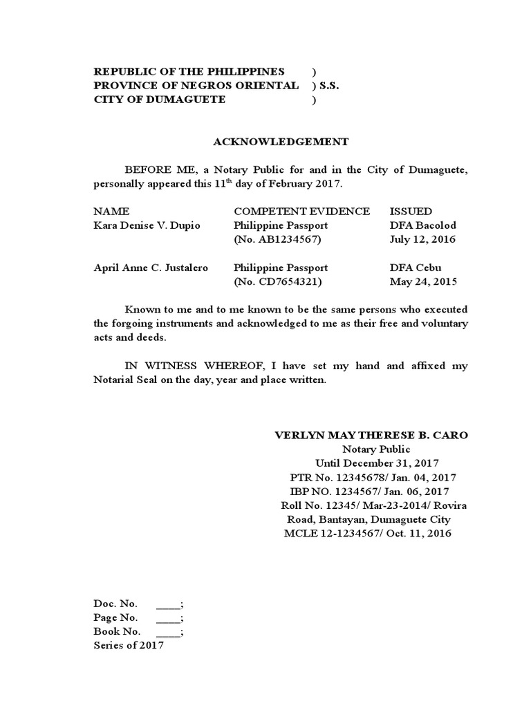 Republic of The Philippines) Province of Negros Oriental) S.S. City of ...