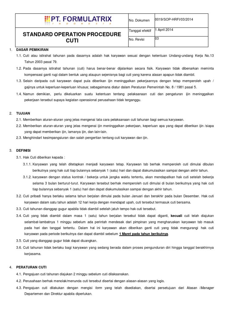 SOP-Cuti 2014 PDF | PDF