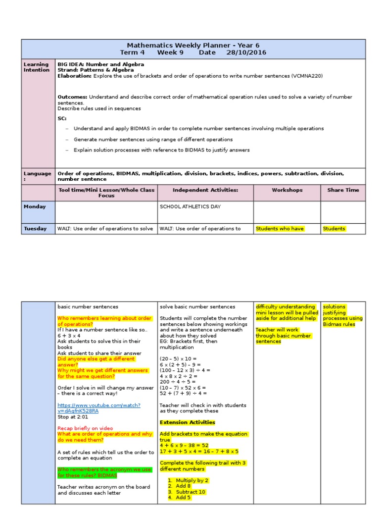 Mathematics Planner - Bidmas Year 6 | PDF | Multiplication | Sentence ...