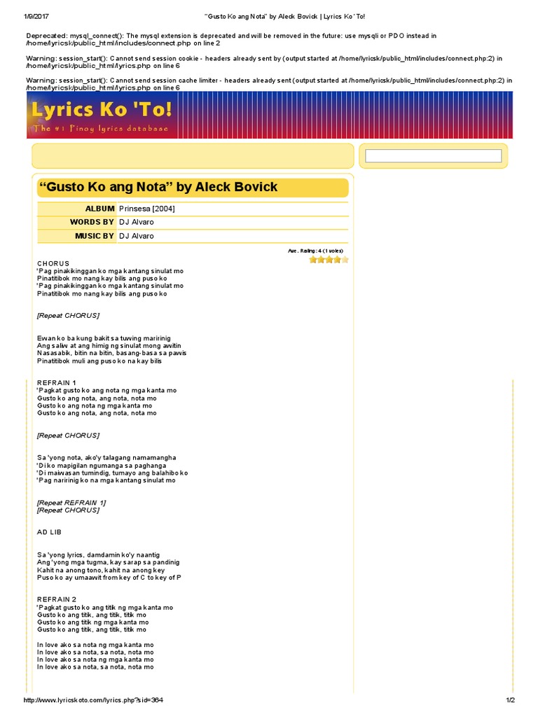 "Gusto Ko Ang Nota" by Aleck Bovick - Lyrics Ko To! | PDF