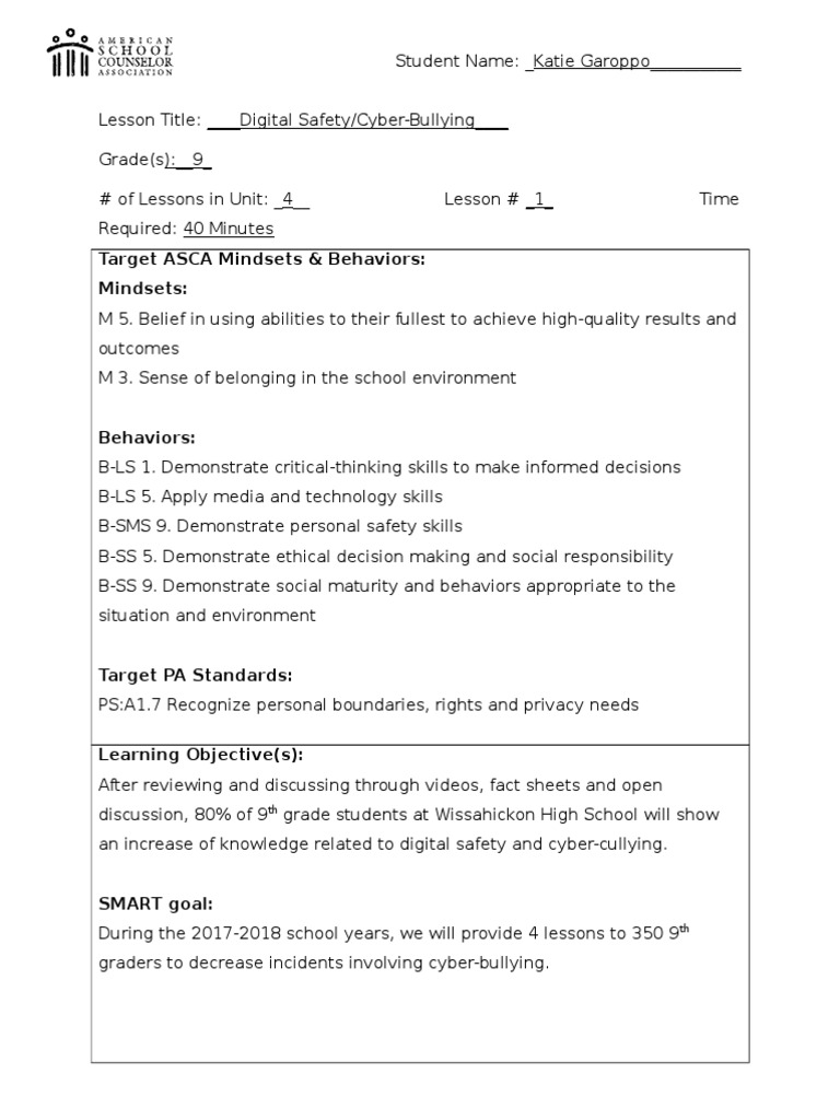 Asca Lesson Plan Garoppo K | PDF | Cyberbullying | Lesson Plan