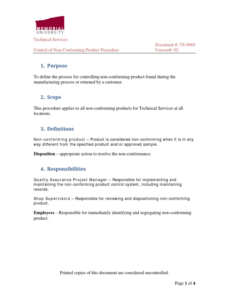 Non-Conforming Product Control Procedure | PDF | Quality Assurance ...