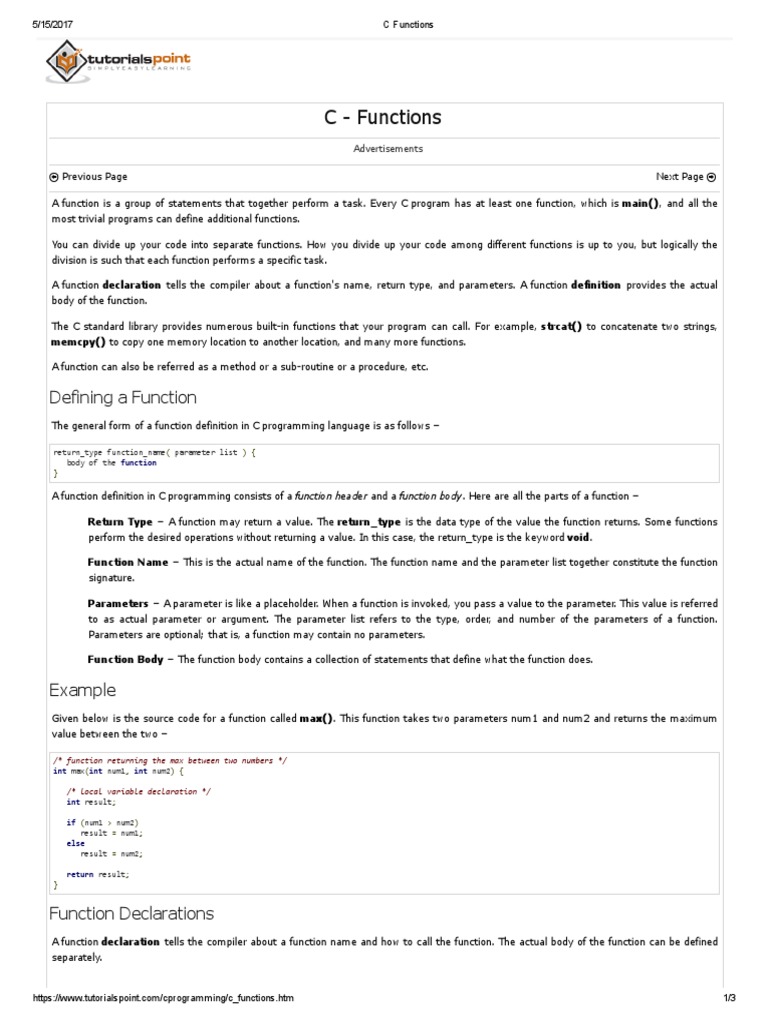 C Functions Defining A Function Pdf Parameter Computer Programming Subroutine 4834