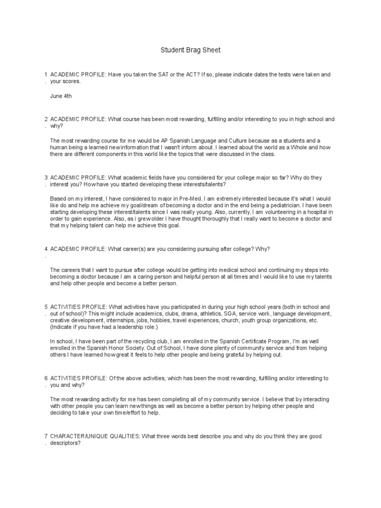 Student Brag Sheet | PDF | College Admissions In The United States ...
